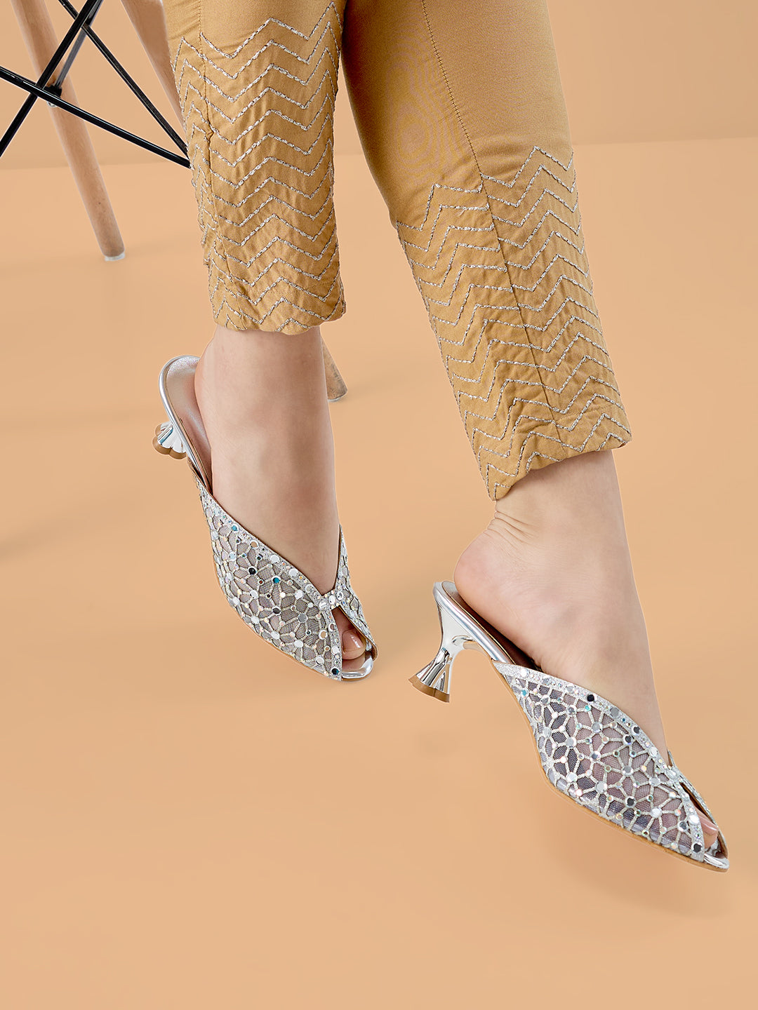 Shop Rocia By Regal Silver Women Diamond Embellished Net Stylish Heels ...