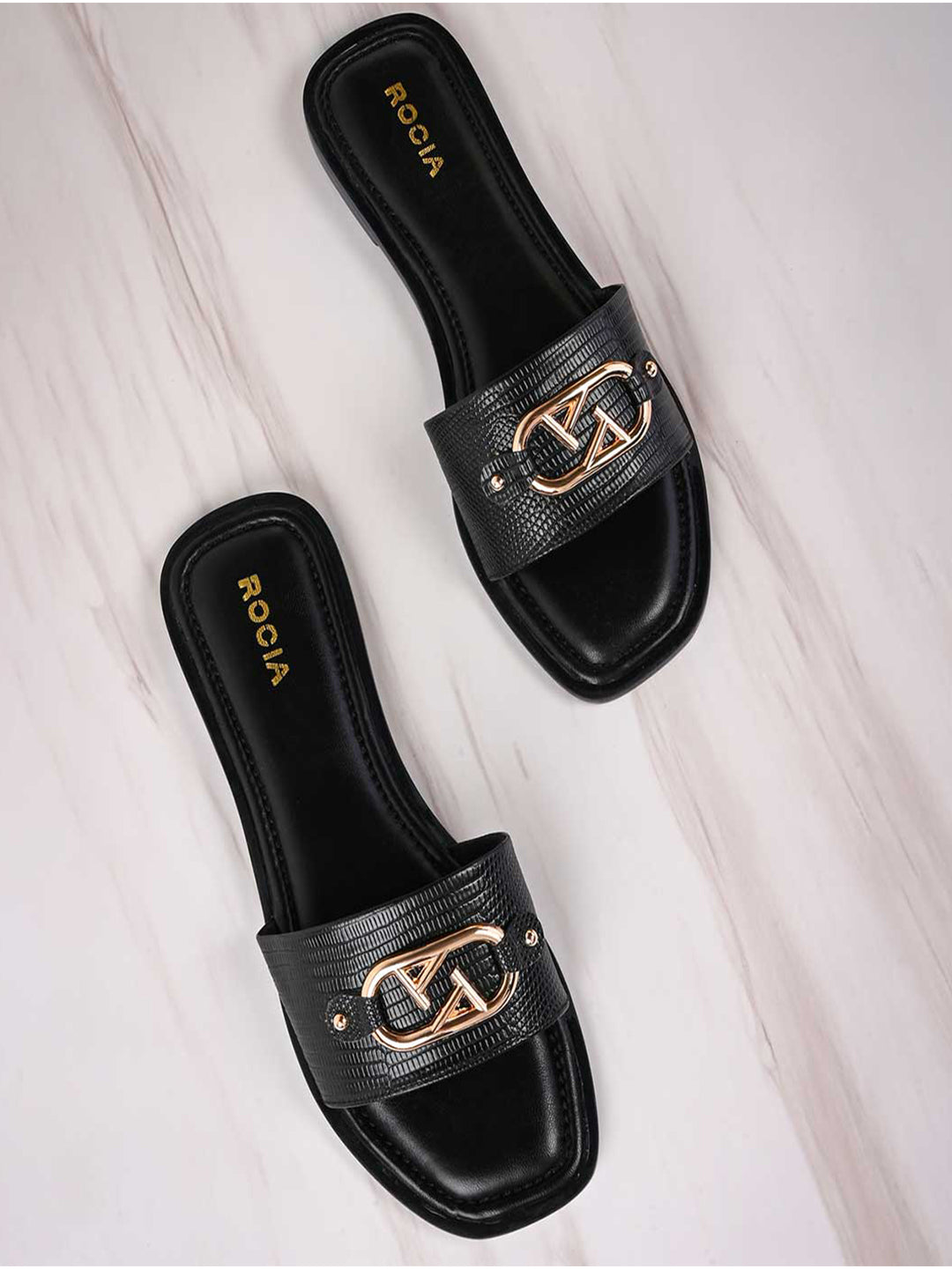Rocia By Regal Black Women Textured Buckled Sliders