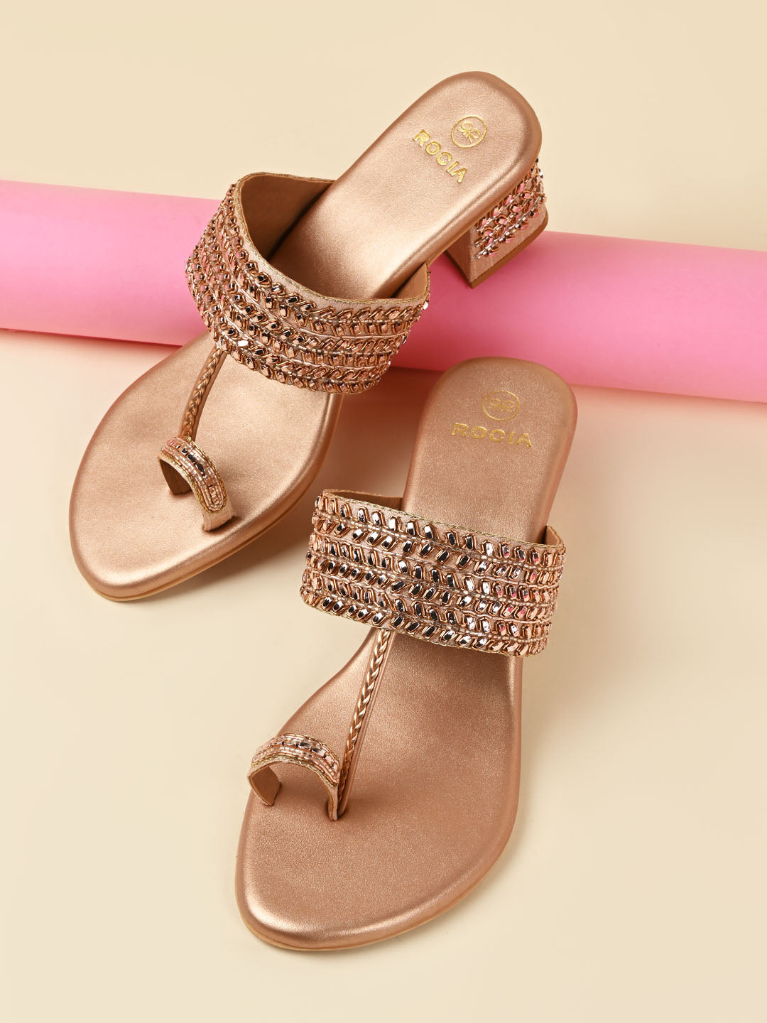 Rocia By Regal Rose Gold Women Embroidered Block Heels 54033ROSE GOLD