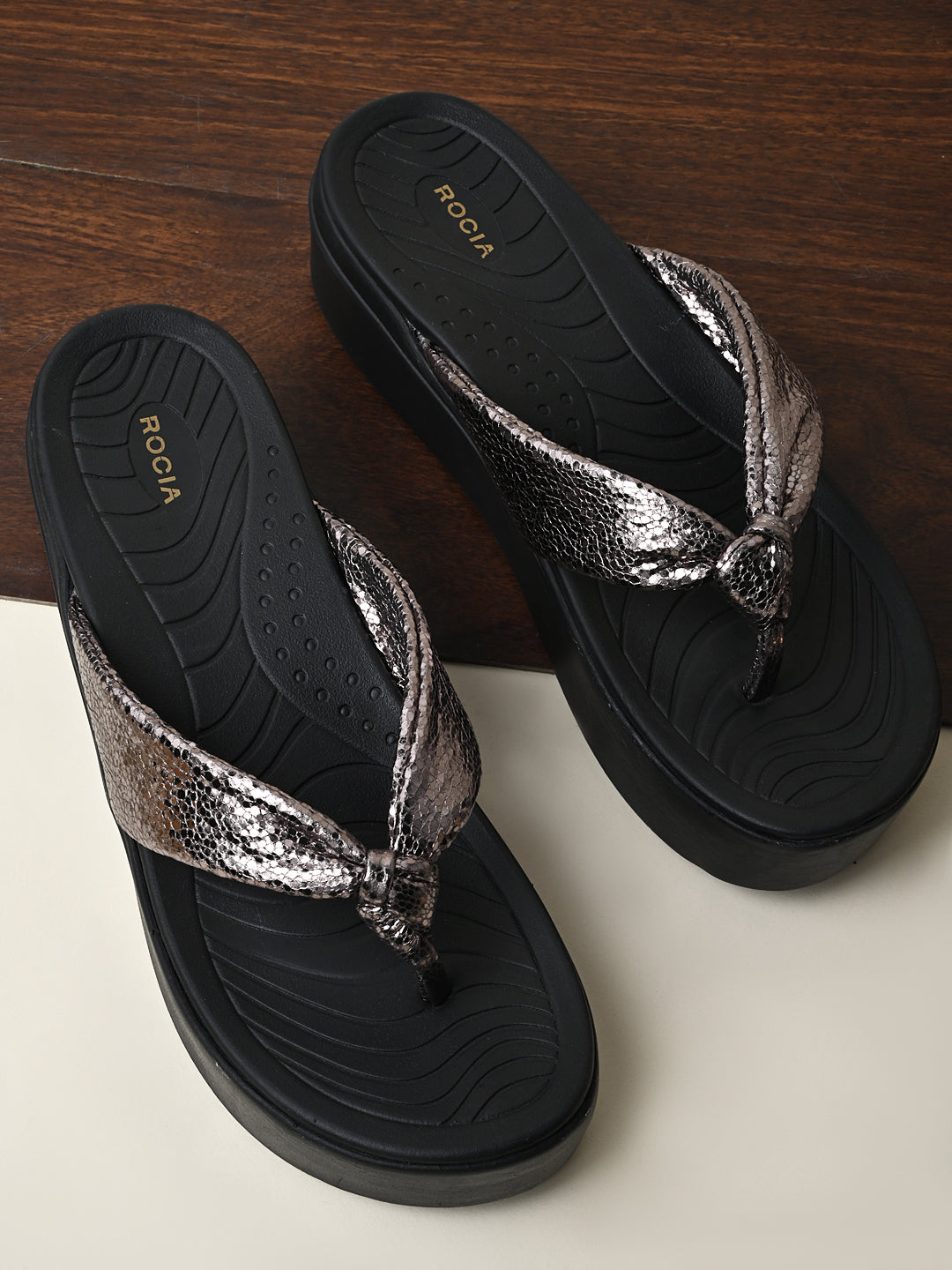 Shop Gun Metal Women Casual Knotted Thong Wedges Metal Online