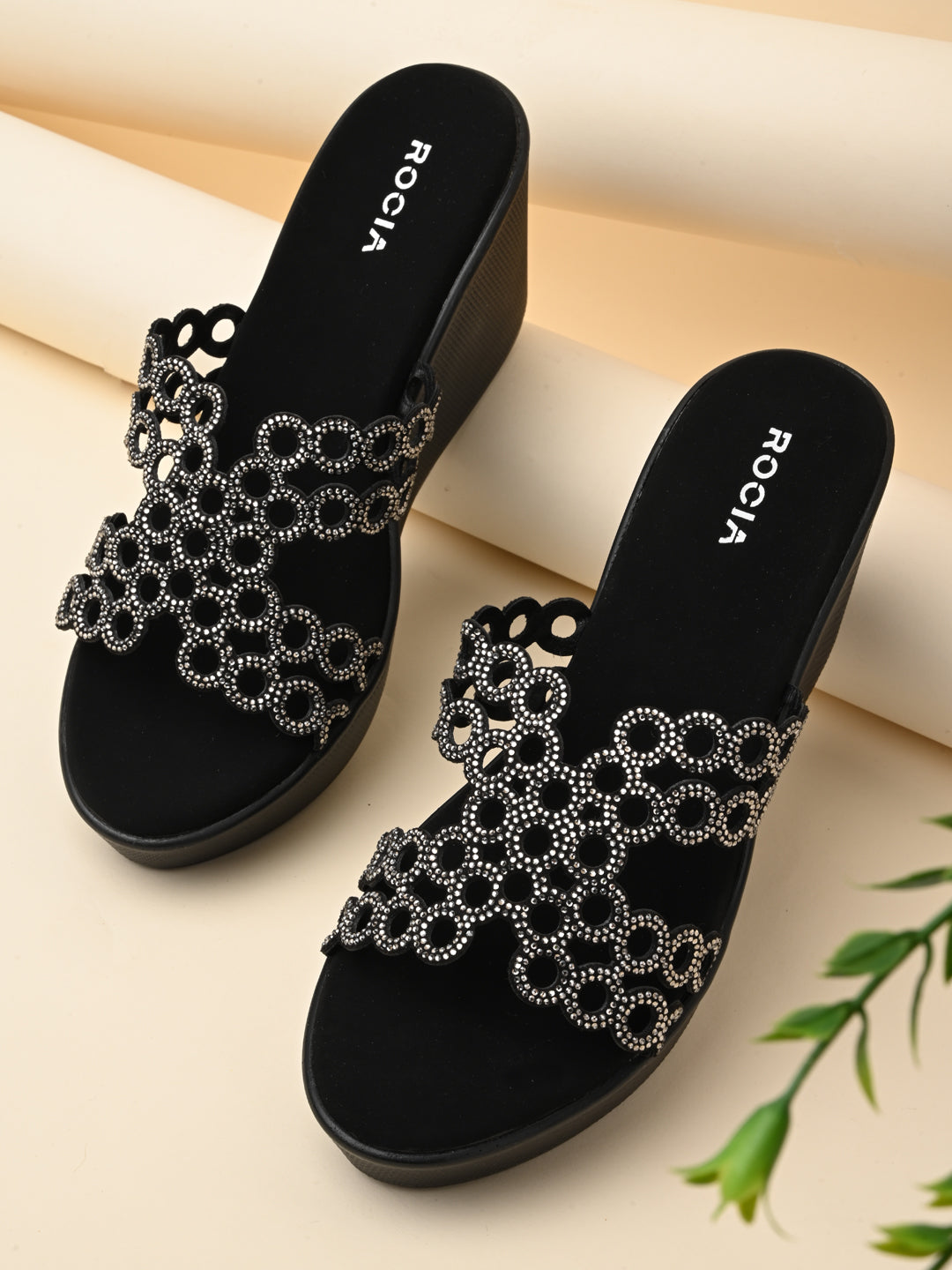 Shop Black Women Diamante Embellished High Heel Platforms 61061BLACK